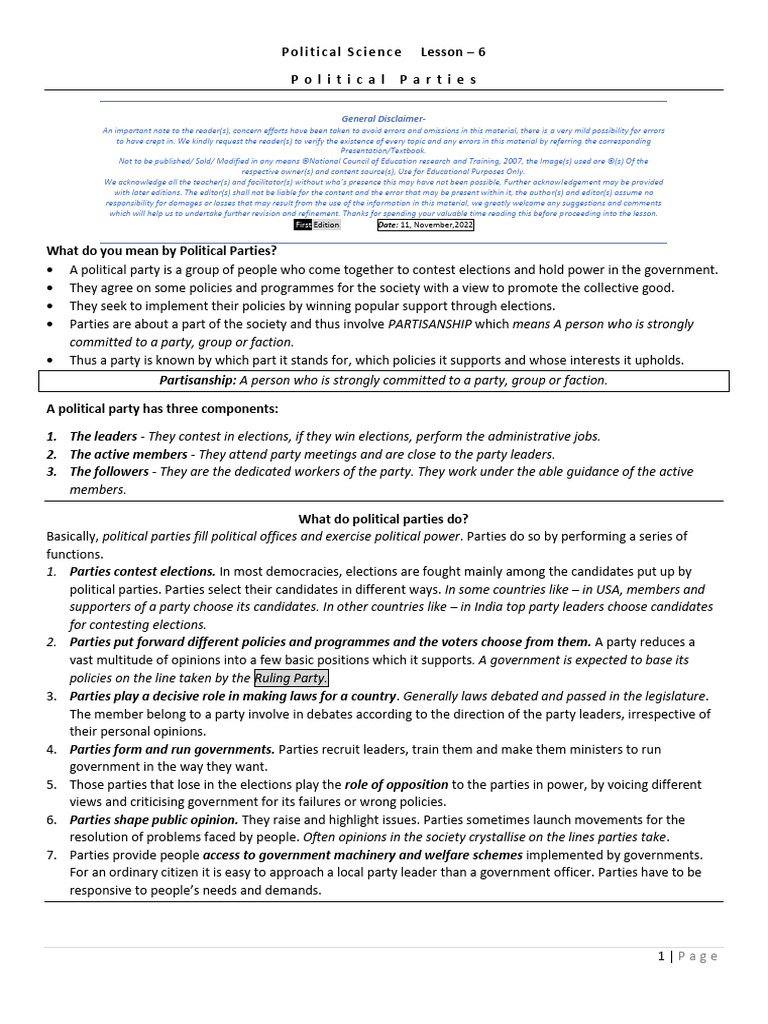 (Notes) Civics - Chapter - 6, Political Parties, Class 10 (PDF) | PDF ...
