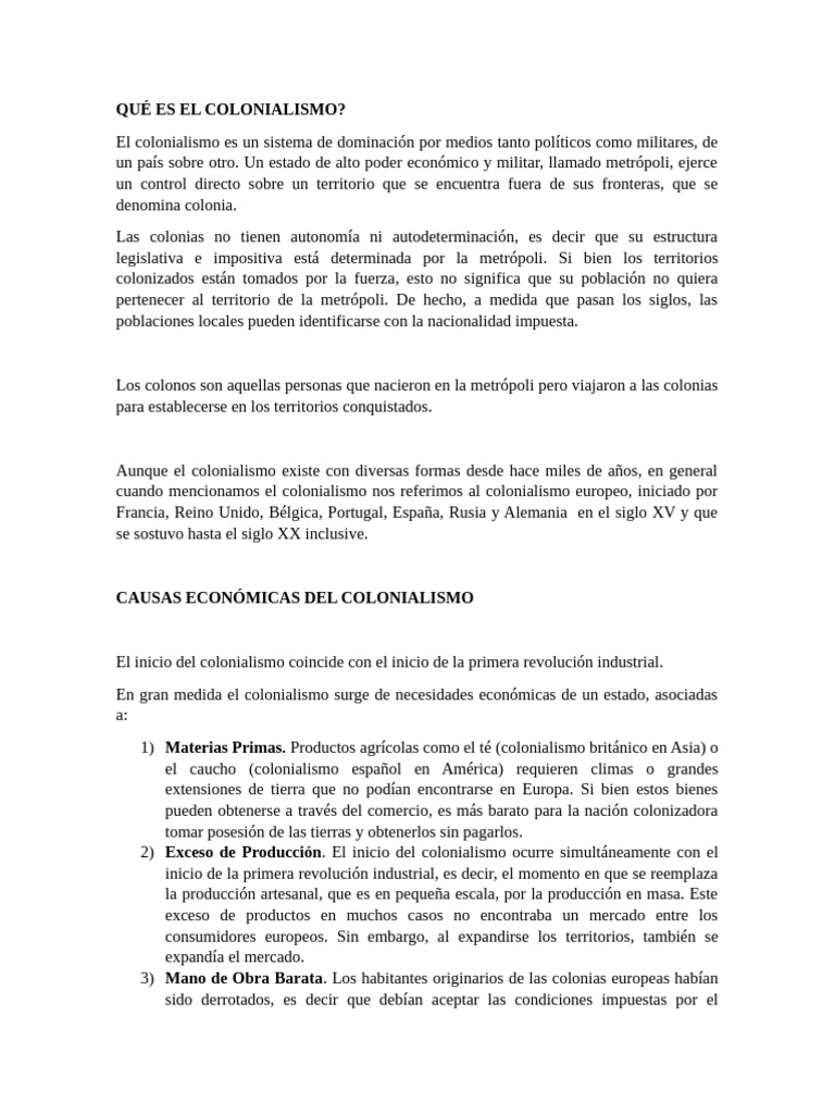 Entendiendo el Colonialismo: Causas y Efectos | PDF | Colonialismo ...