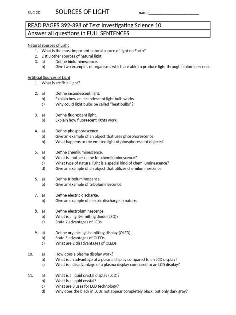 2014 Sources of Light Assignment | PDF