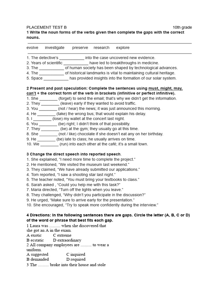 10th Grade Placement Test: Nouns & Comprehension | PDF | Ancient Egypt ...