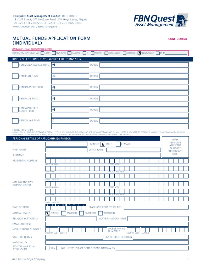 425 FBNQAM Mutual Fund Applicant Form Individual | PDF | Banks | Indemnity