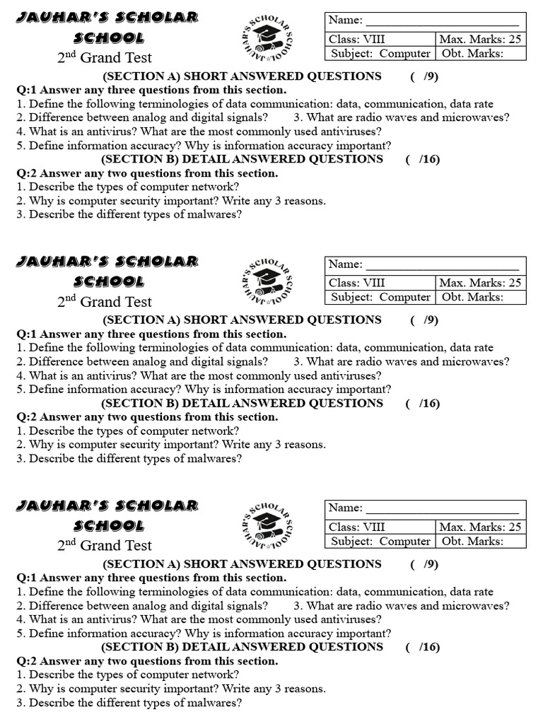 Jauhar School Computer Test Questions | PDF | Radio | Computer Engineering