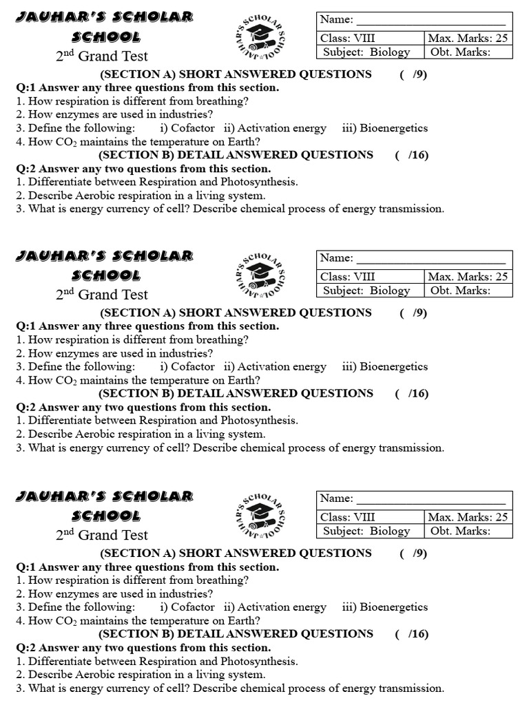 Class 8 Bio Asses 2nd24 | PDF | Bioenergetics | Metabolism