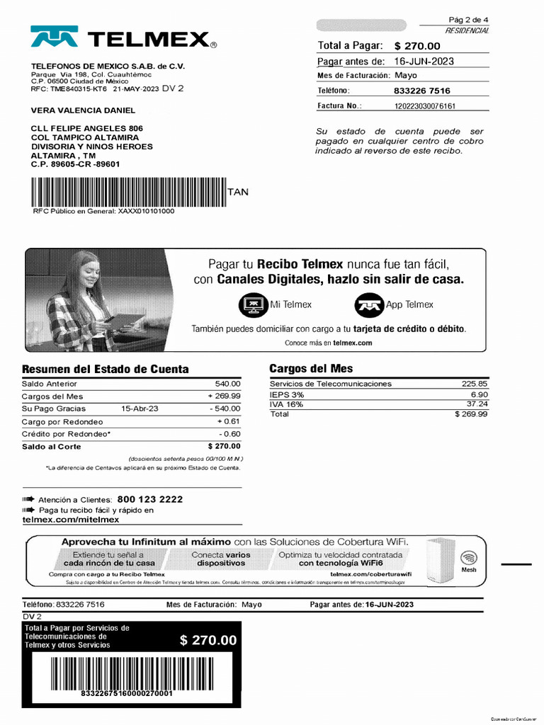 Recibo Telmex Mayo 2023: Pago y Detalles | PDF | Pagos | Industrias de ...