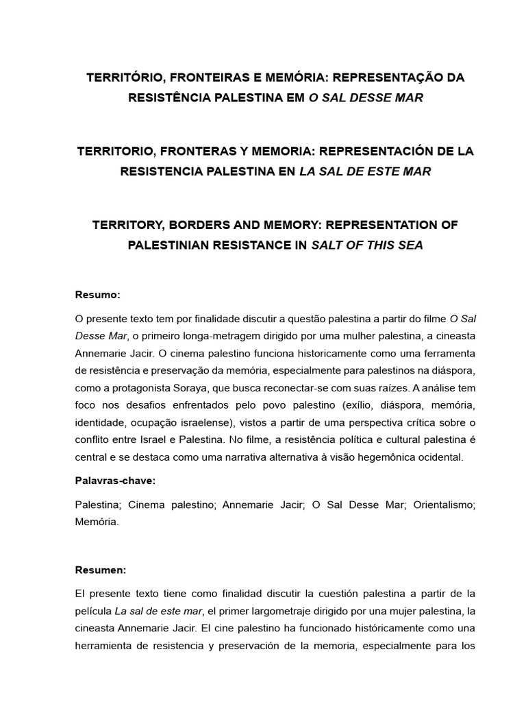 Resistência Palestina em "O Sal Desse Mar" | PDF | Israel | Política ...