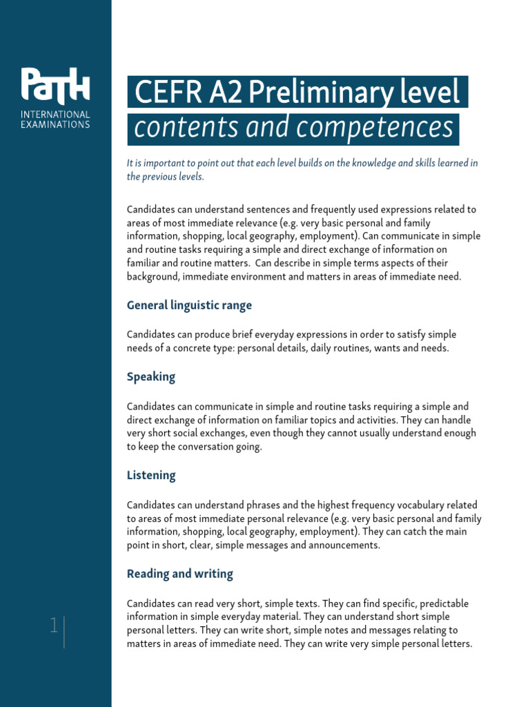A2 Preliminary Level - Contents and Competences | PDF | Verb | Vocabulary