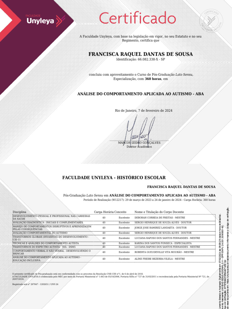 Certificado de Pós-Graduação em ABA | PDF | Autismo | Pós-graduação