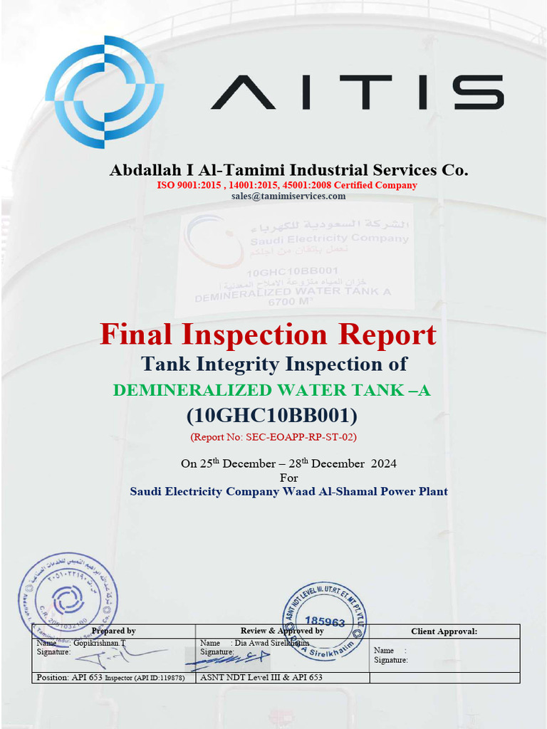 Demineralized Water Tank Inspection Report | PDF | Corrosion ...