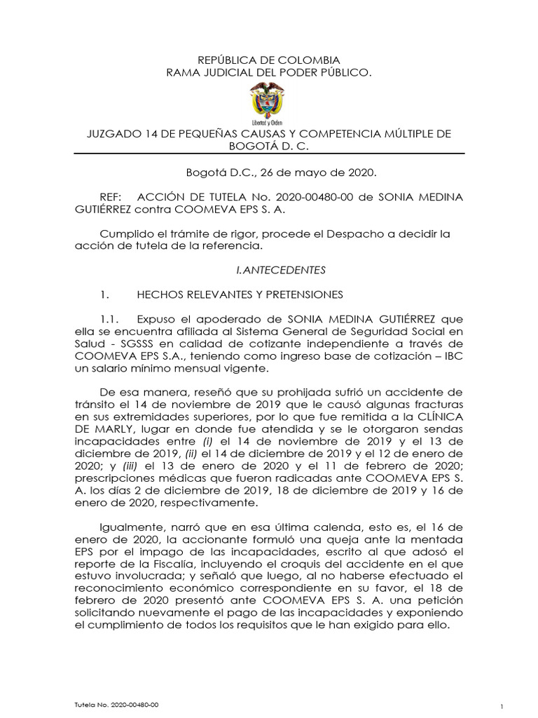 Tutela Sonia Medina contra COOMEVA EPS | PDF | Salario | Derecho ...