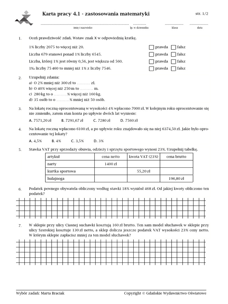 Karta Pracy Zastosowania Matematyki Klasa 8 Pdf