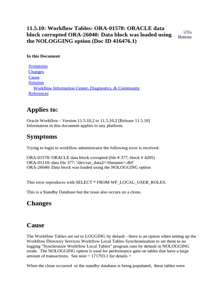 11.5.10 Workflow Tables ORA-01578 ORACLE Data Block Corrupted ORA-26040 (Doc ID 416476.1) | PDF ...