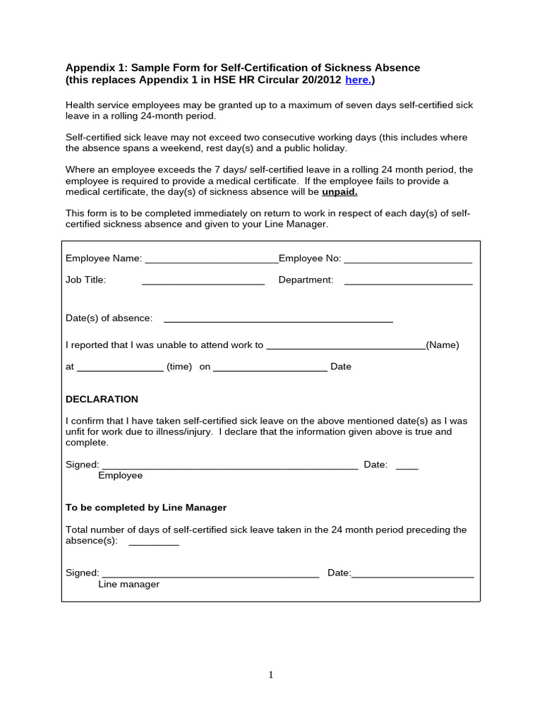 Self-Certification Sick Leave Form | PDF