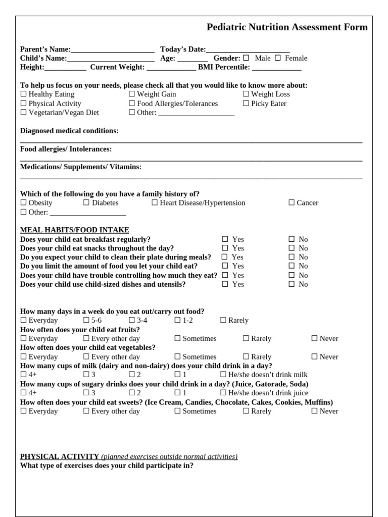 0 Pediatric Nutrition Assessment Form Template | PDF | Eating Behaviors ...