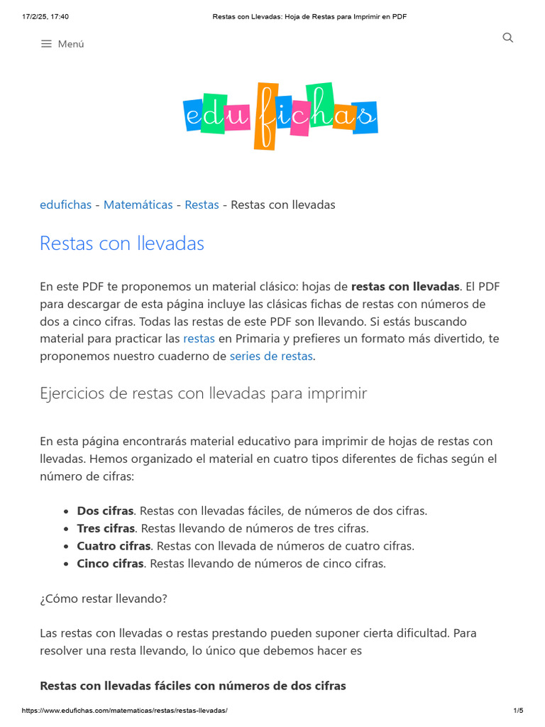 Hojas de Restas con Llevadas para Imprimir | PDF