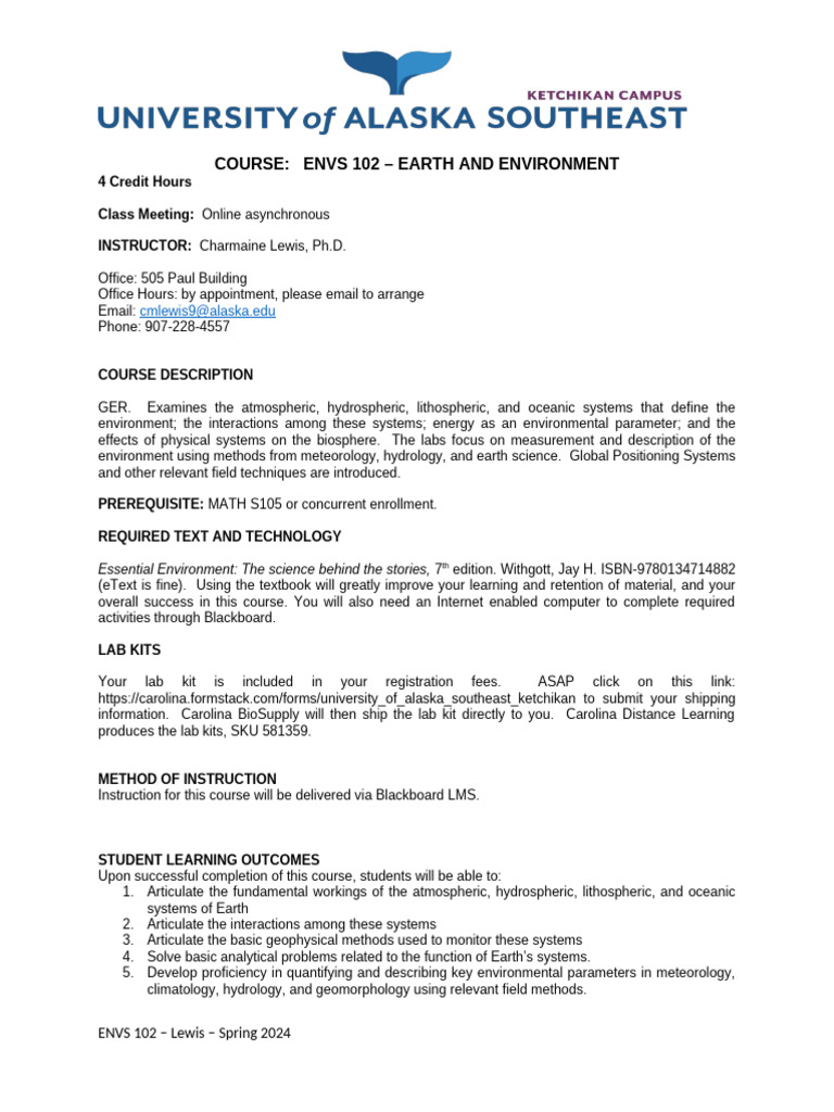 ENVS102 Syllabus Sp25 Lewis | PDF | Environmental Science | Academic Integrity