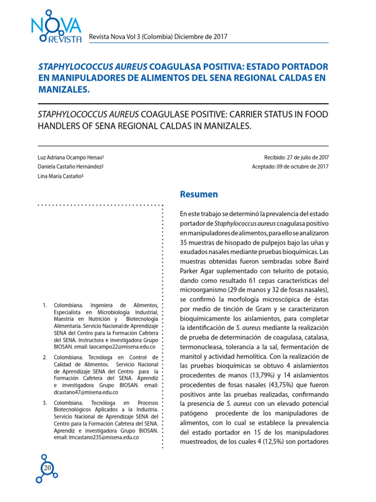 Staphylococcus Aureus Coagulase Positive Carrier Status in Food | PDF ...