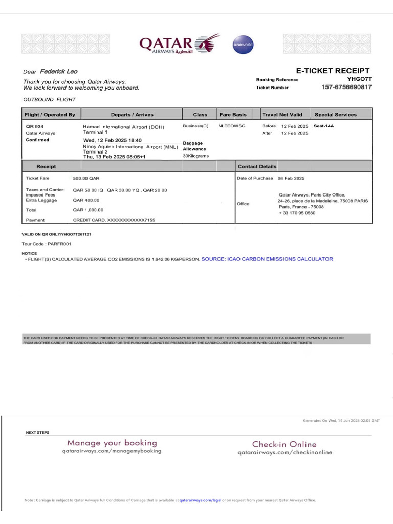 QATAR AIRWAYS القطرية - Flight Ticket Confirmed | PDF