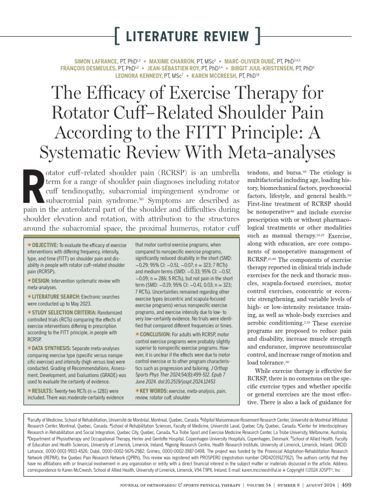 Lafrance Et Al 2024 The Efficacy of Exercise Therapy For Rotator Cuff Related Shoulder Pain ...