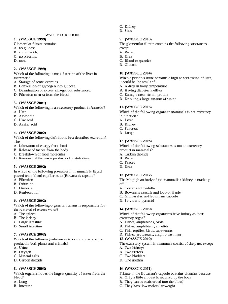 Waec Excretion Past Questions | PDF | Kidney | Excretion
