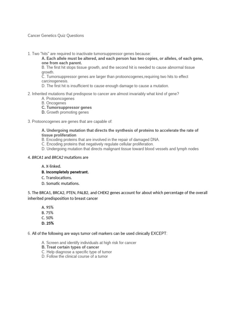 Cancer Genetics Quiz Questions | PDF | Cancer | Neoplasms