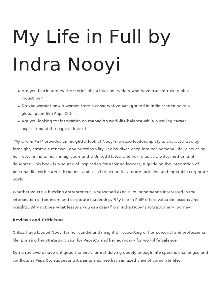 Indra Nooyi: My Life in Full Insights | PDF