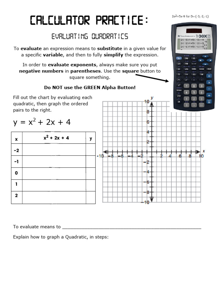 Calculator Practice:: Evaluating Quadratics | PDF