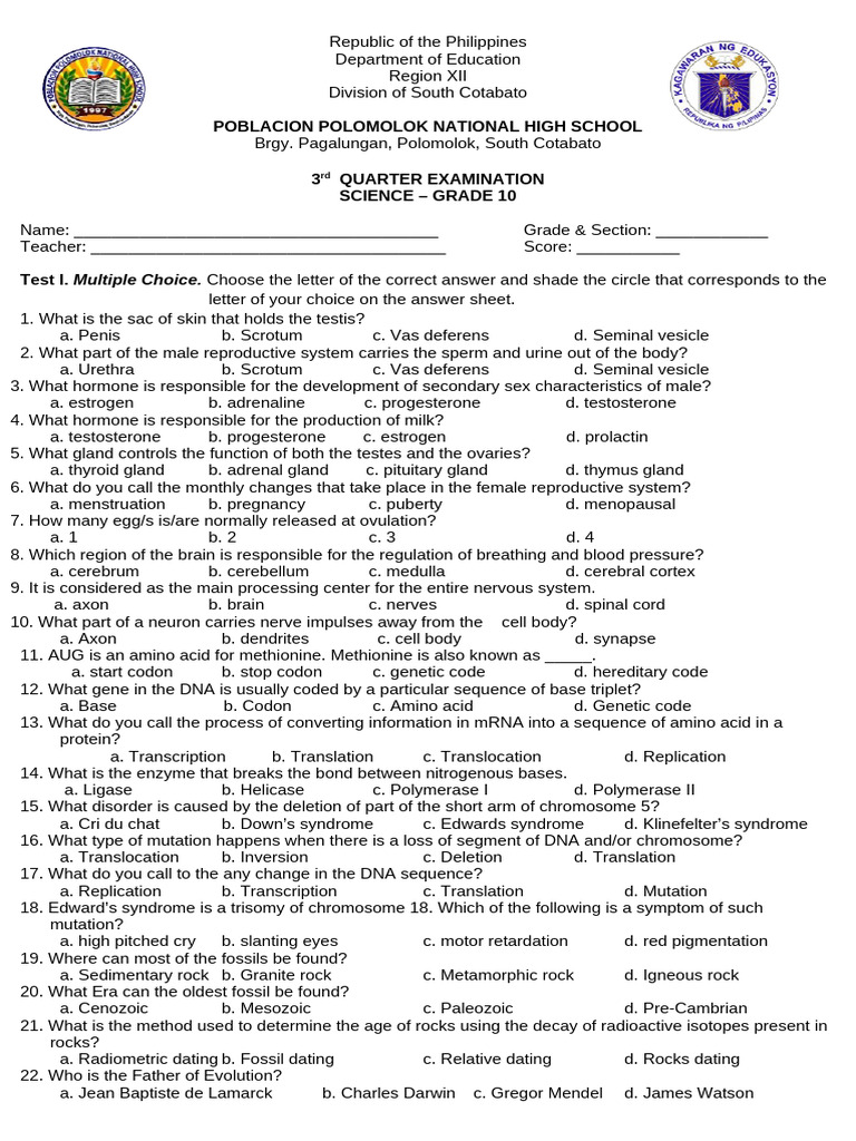 Science 10-3rd Quarter Exam | PDF | Genetic Code | Evolution