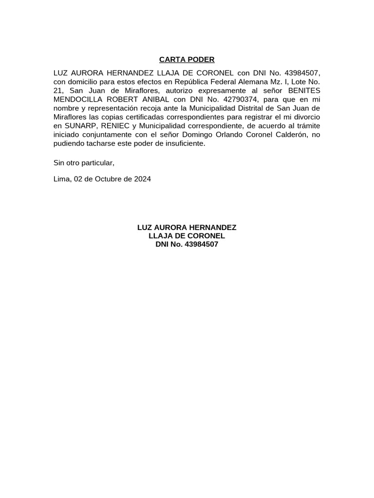 Carta Poder para Registro de Divorcio | PDF