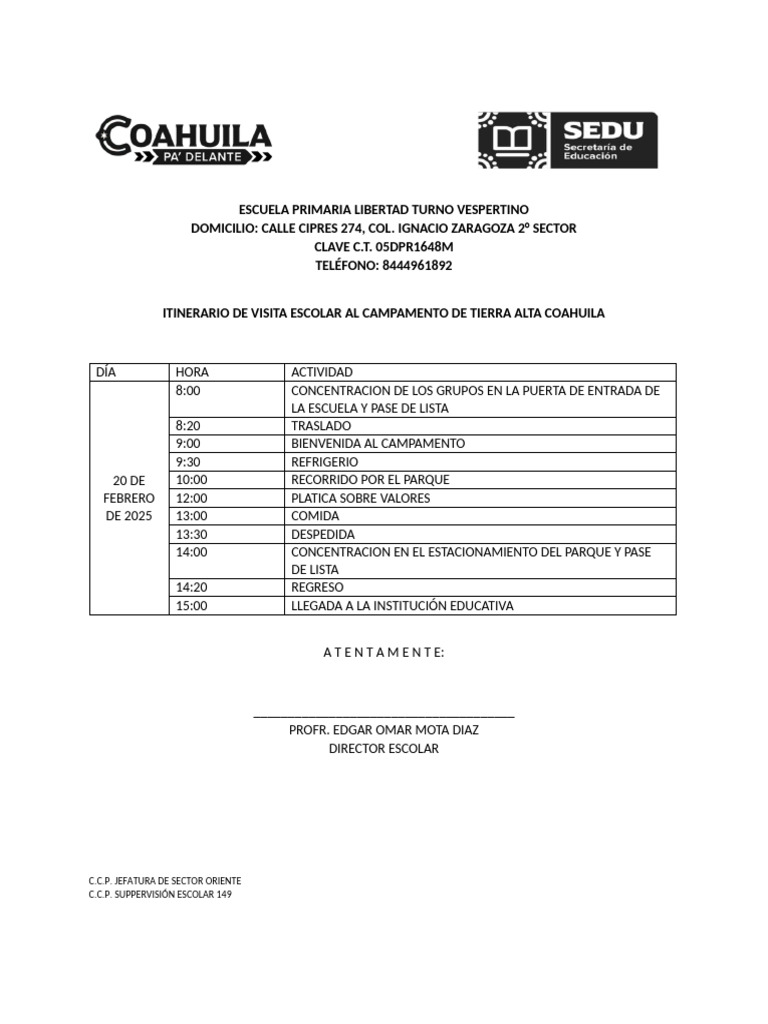 Itinerario Salida Escolar Ok | PDF