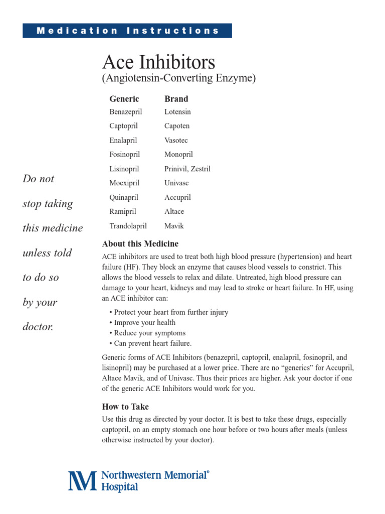 Northwestern Medicine Medication Instructions Ace Inhibitors | PDF ...