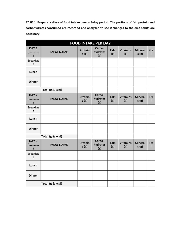 3-Day Food Intake Diary Analysis | PDF