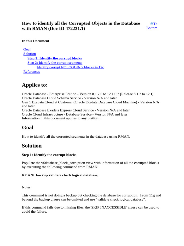 How To Identify All The Corrupted Objects in The Database With RMAN (Doc ID 472231.1) | PDF ...