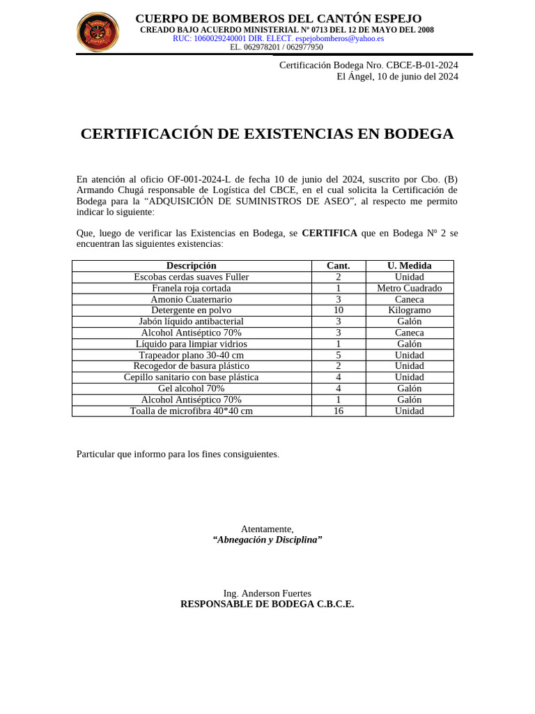 Certificacion Bodega-001-2024-Cbce | PDF