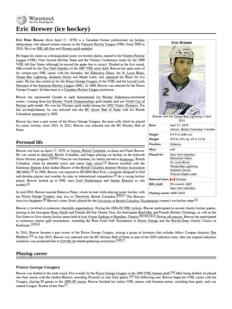 Eric Brewer: NHL Career Overview | PDF | National Hockey League Teams ...
