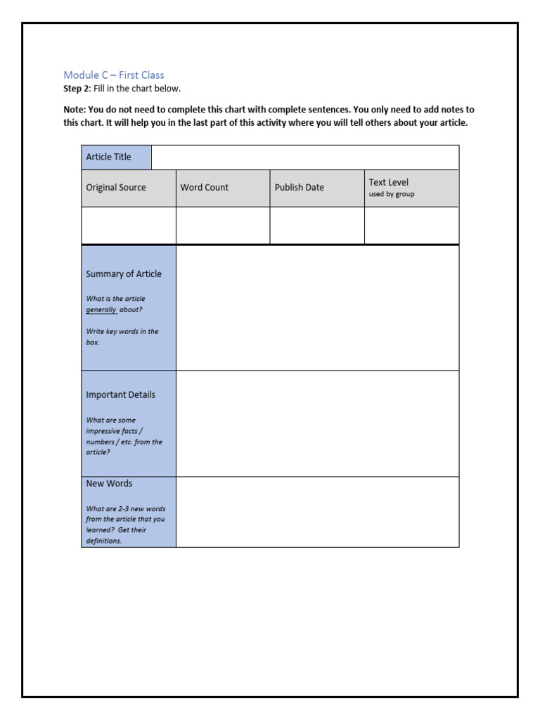 First Class - Module C - Group Reading and Reporting Activity - STEP 2 | PDF