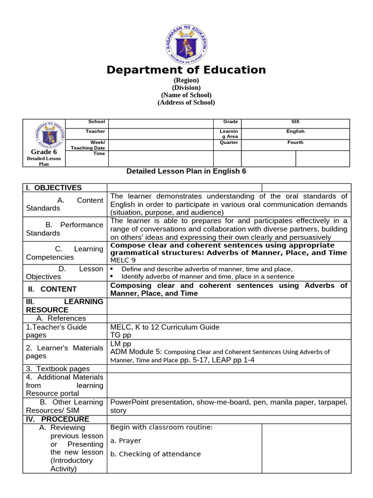 COT-ENGLISH-6-Q4-W4 | PDF | Adverb | Verb