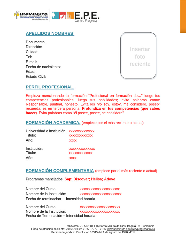 Hoja de Vida Establecido Por Uniminuto y Progresa | PDF