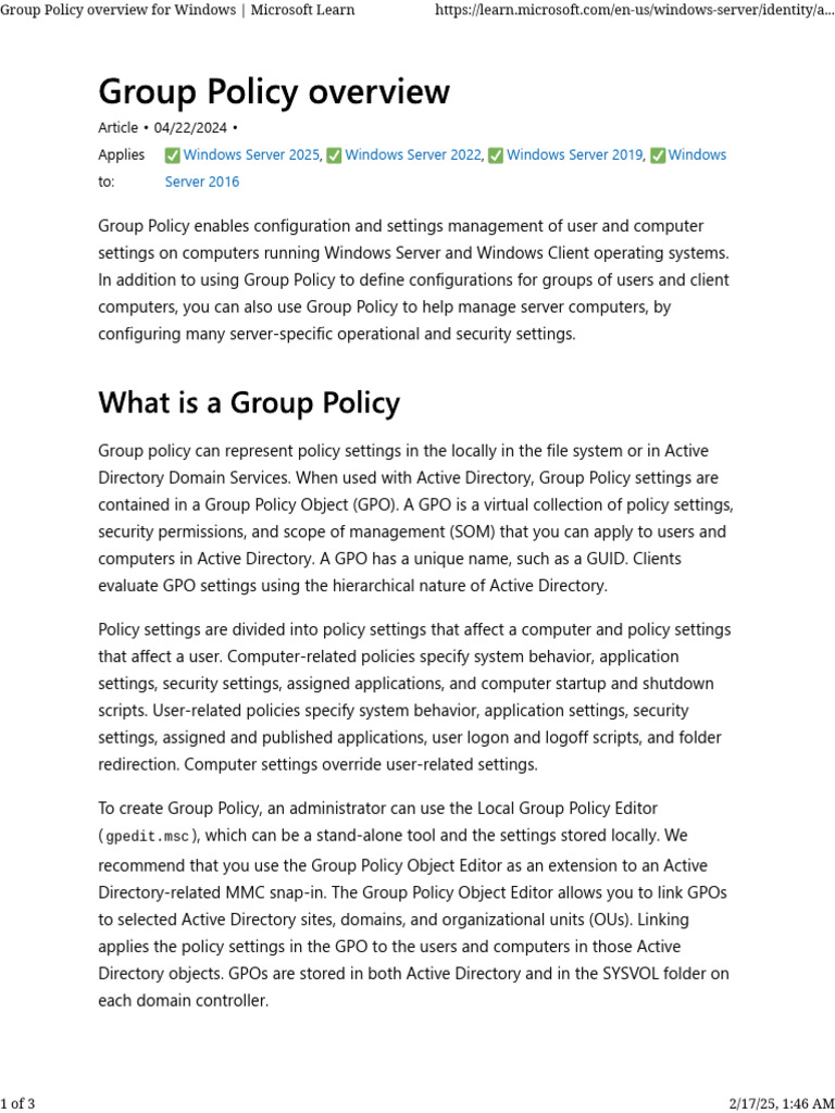 Group Policy Overview For Windows - Microsoft Learn | PDF | Group Policy | Computer Architecture