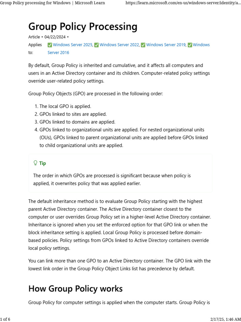 Group Policy processing for Windows _ Microsoft Learn | PDF | Group Policy | Active Directory