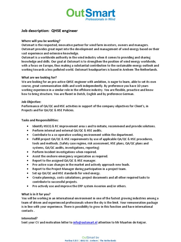 QHSE Engineer Job Description at Outsmart | PDF | Wind Power | Audit