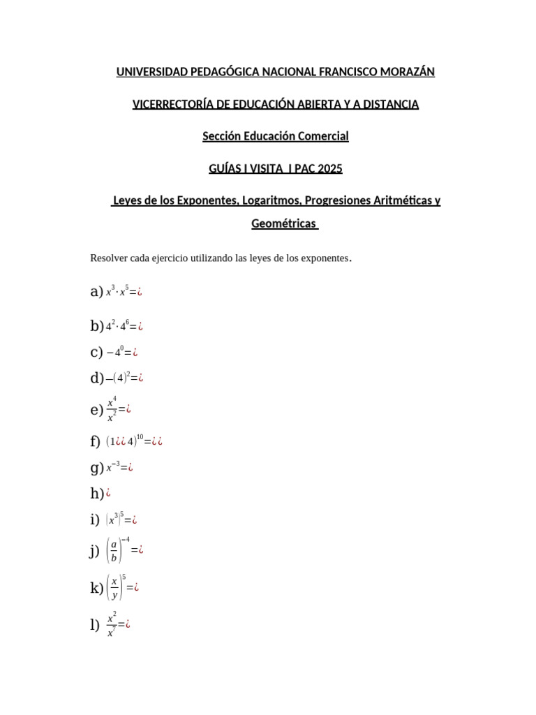 Guia de Exponentes, Logaritmos, Progresiones Aritméticas y Geométricas ...