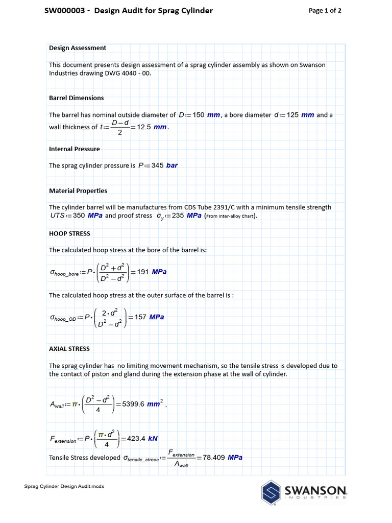 Sprag Cylinder Design Audit | PDF | Stress (Mechanics) | Applied And ...