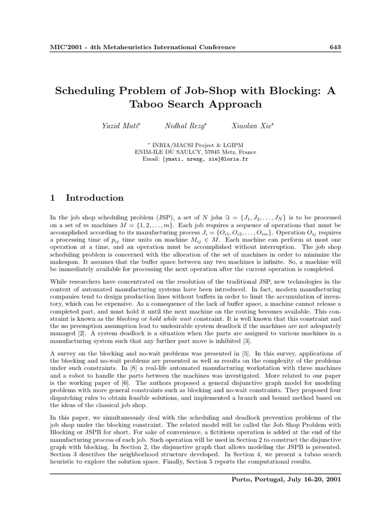 Job Shop Scheduling with Blocking: Taboo Search | PDF | Vertex (Graph ...
