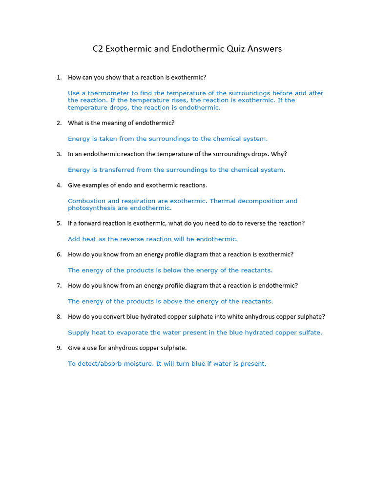 Exothermic and Endothermic Quiz Answers | PDF