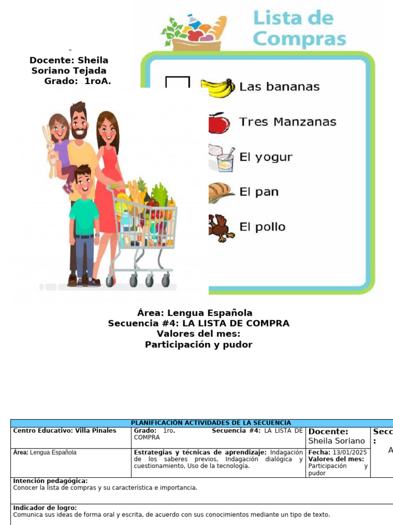 GUIÓN DIARIO SECUENCIA 4 LISTA DE COMPRAS con actividades complementarias | PDF | Aprendizaje ...