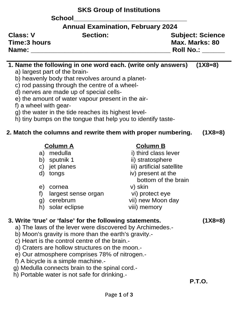 Class 5 Annual Examination Science | PDF | Moon | Eclipse
