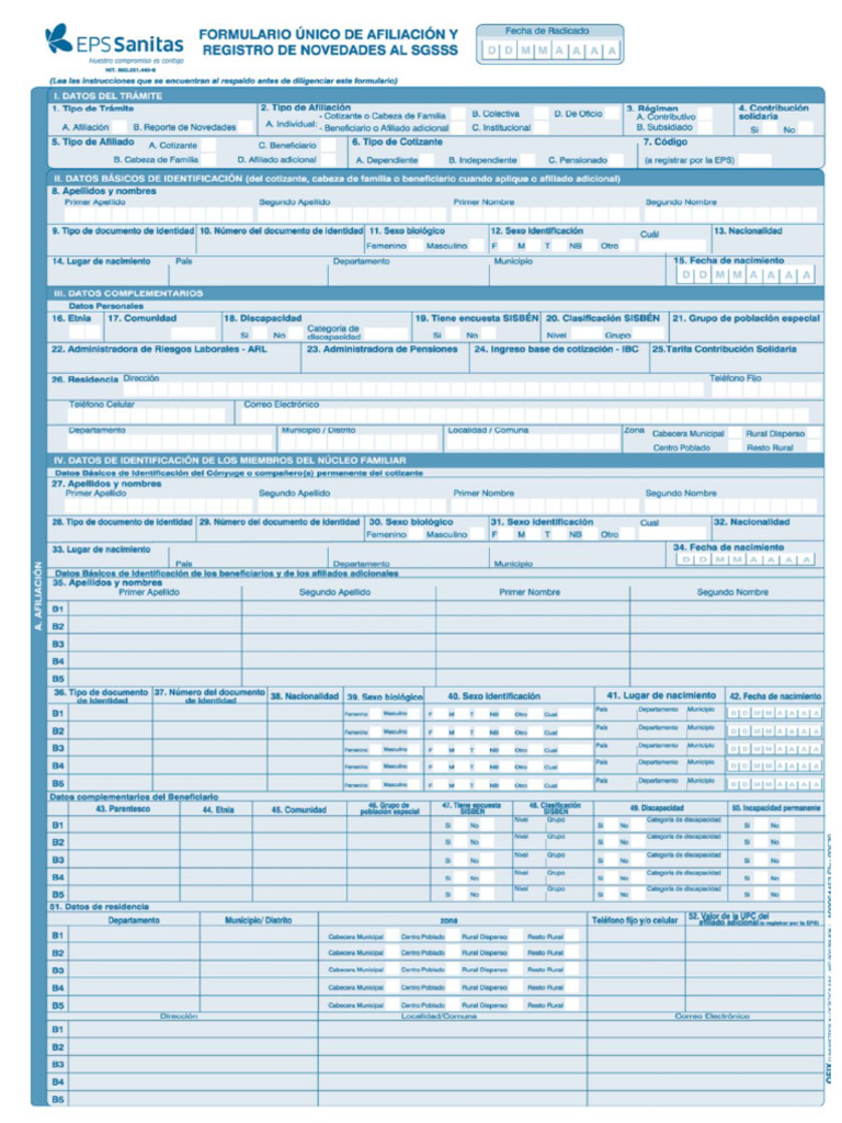 Formulario Afiliacion EPS Sanitas 2025 | PDF