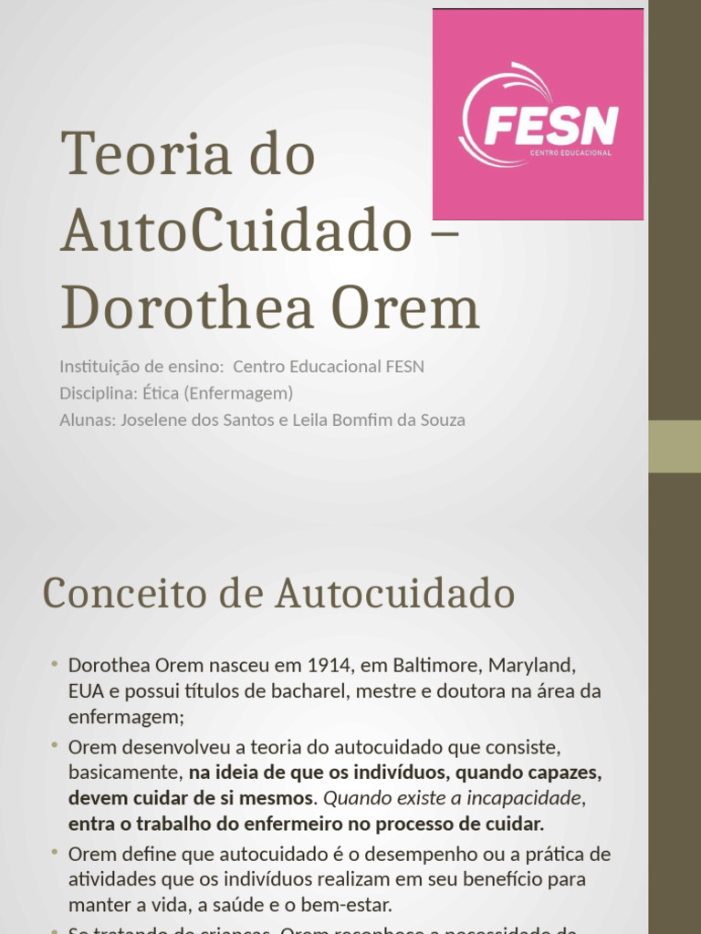 Teoria Do AutoCuidado - Dorothea Orem | PDF | Enfermagem