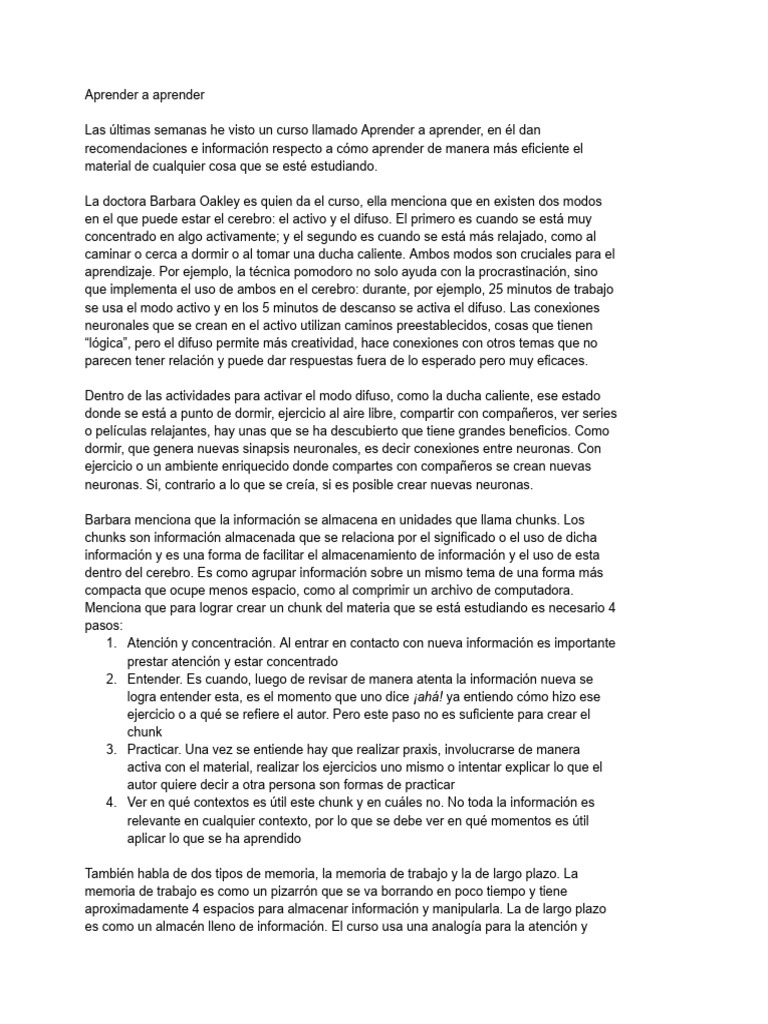 ensayo aprender a aprender | PDF | Aprendizaje | Memoria