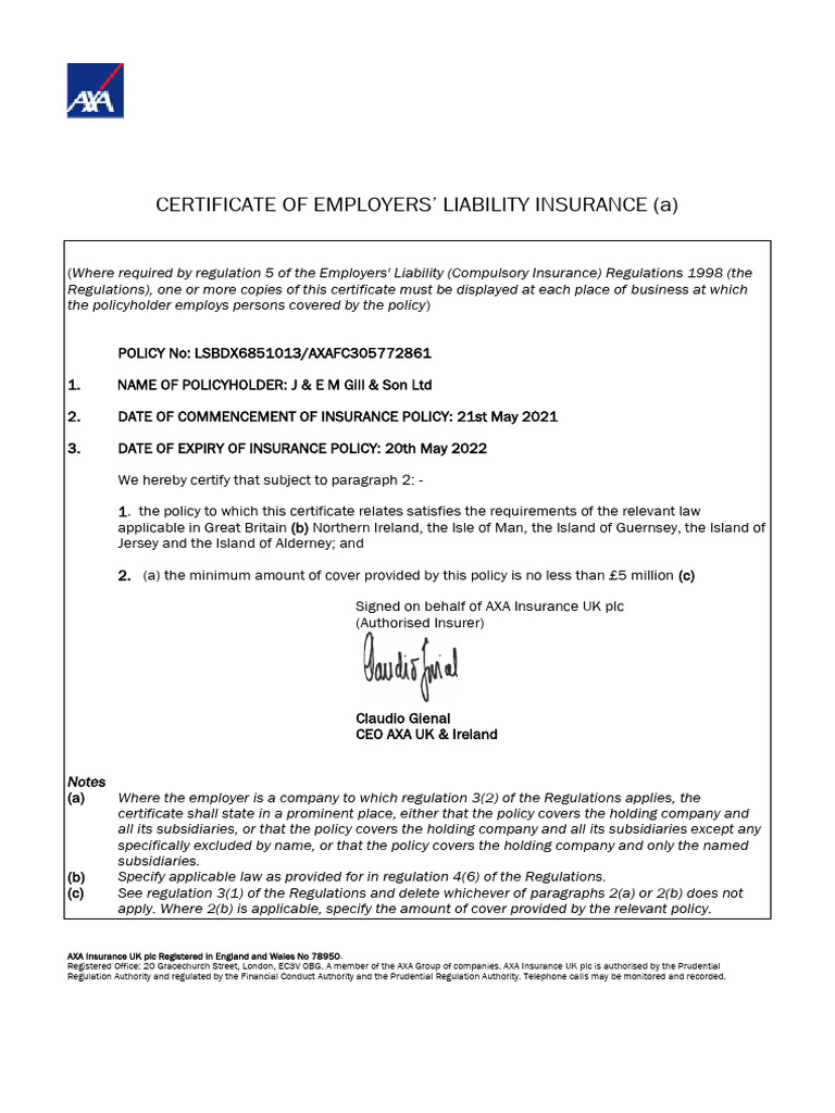 AXA Employers Liability Certificate | PDF | Insurance | Business Law